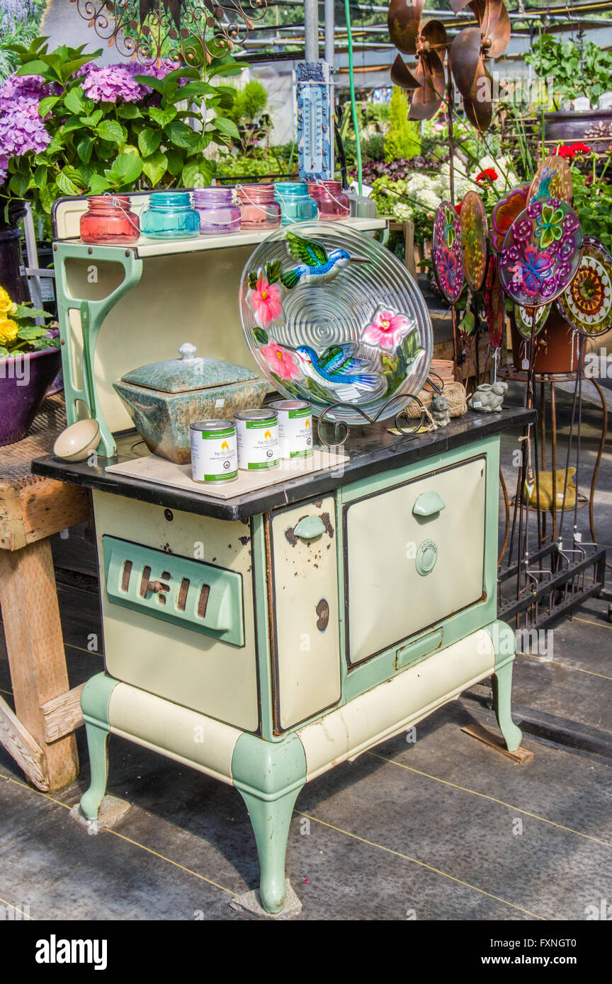 Vintage stove used as a display piece at a retail garden center Stock ...