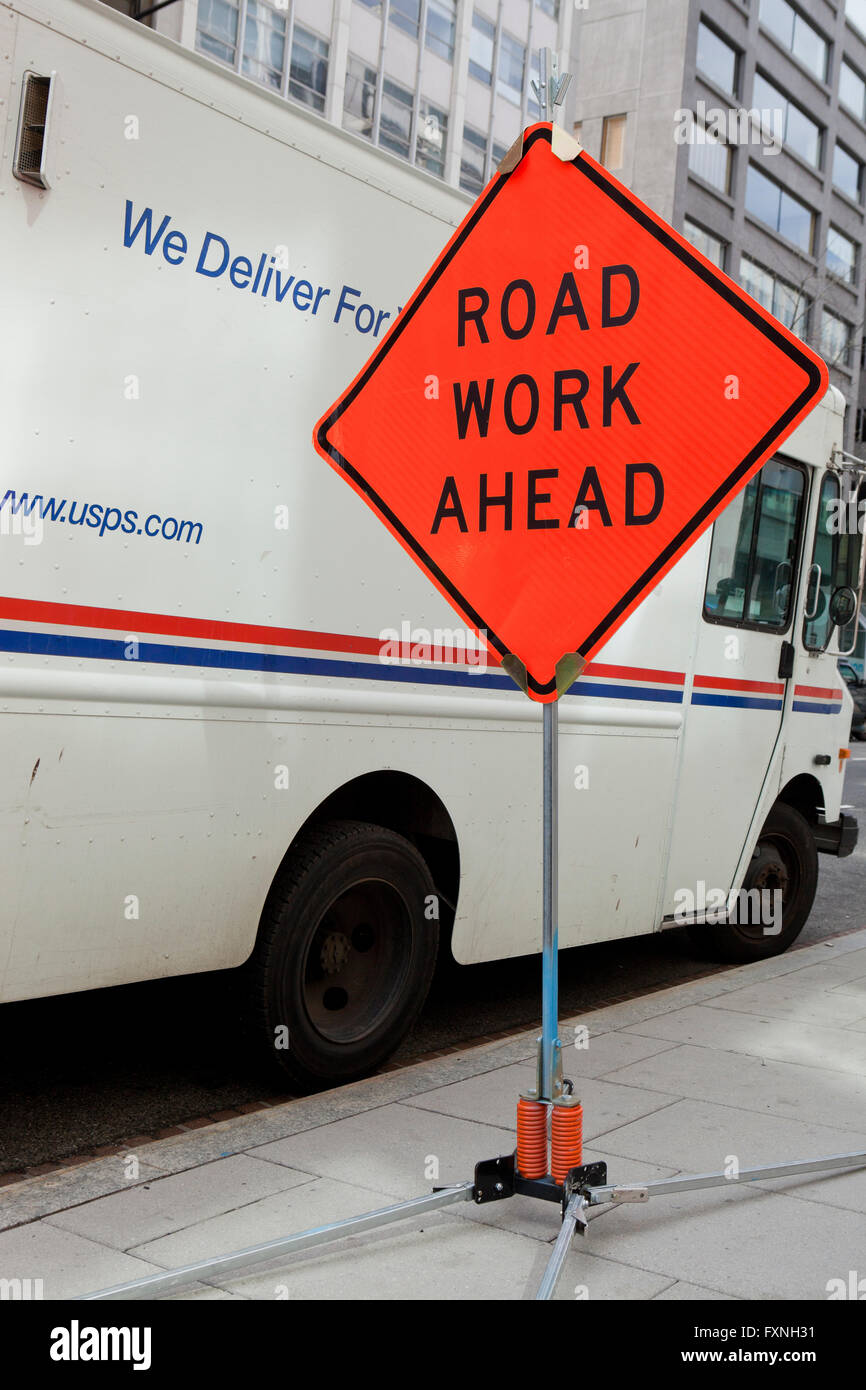 Roadwork Ahead sign on urban street - Washington, DC USA Stock Photo ...