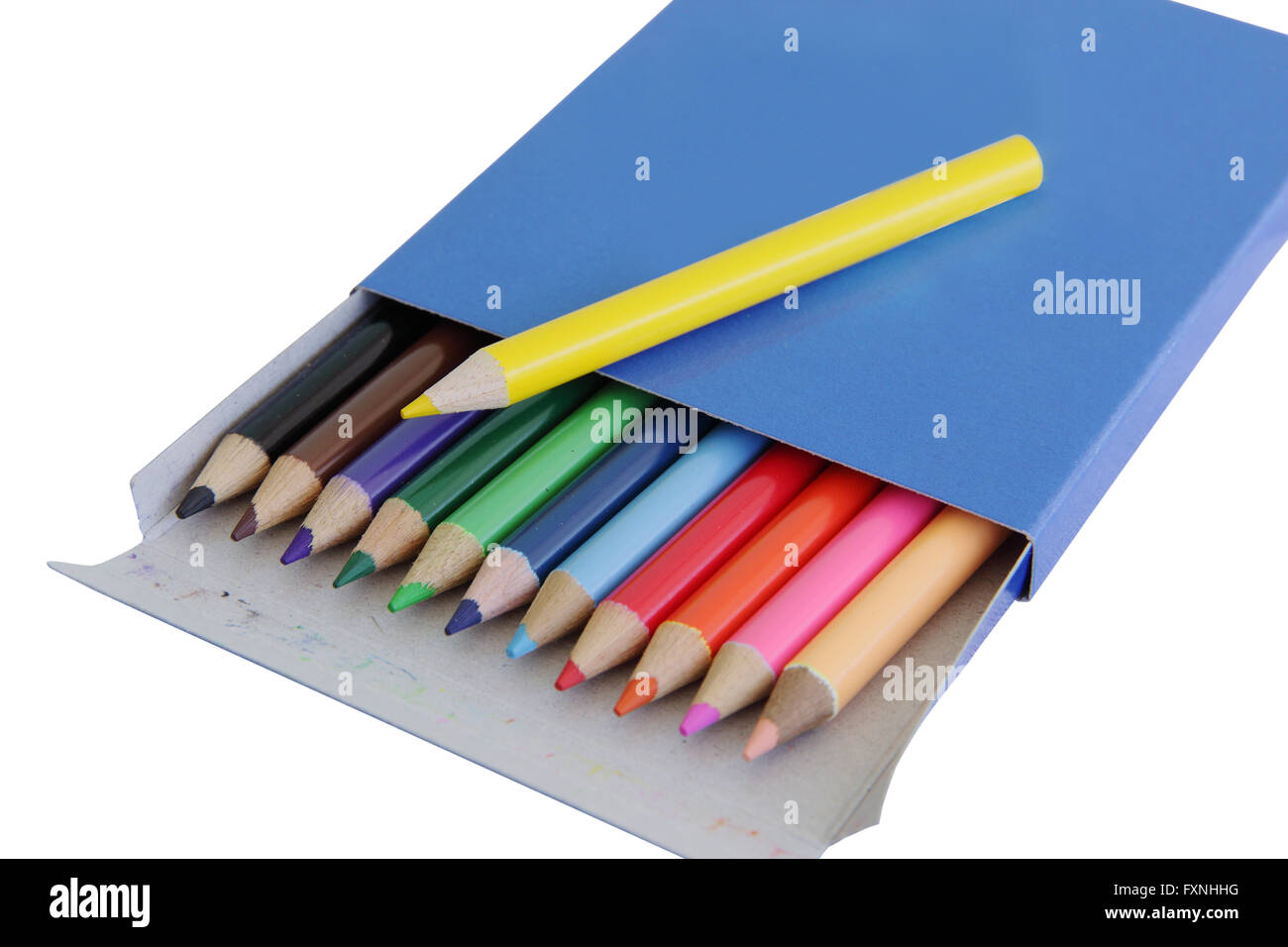 Many colored pencils in carton color blue box Stock Photo - Alamy