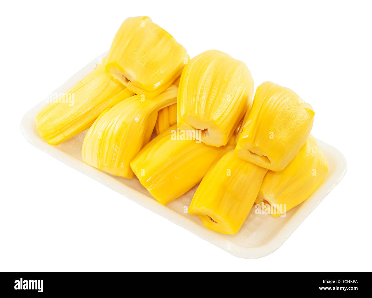 Closeup Yellow jackfruit on foam tray on white background Stock Photo ...