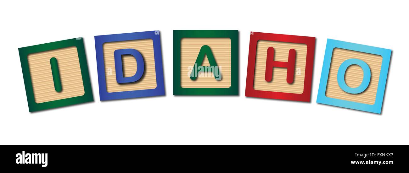 A collection of wooden block letters spelling IDAHO over a white ...