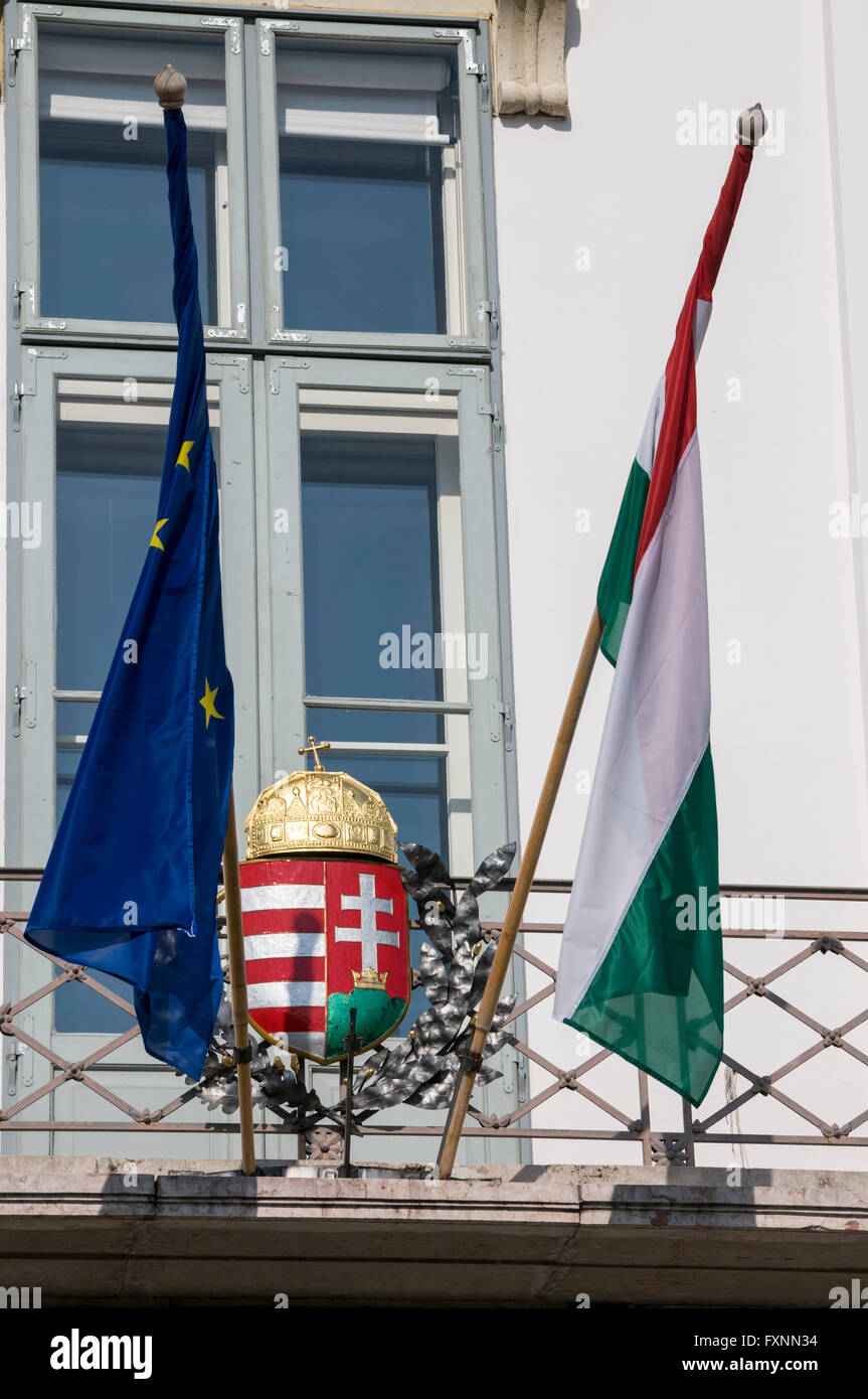 The European Union and Hungarian flags at the Presidential Palace at ...