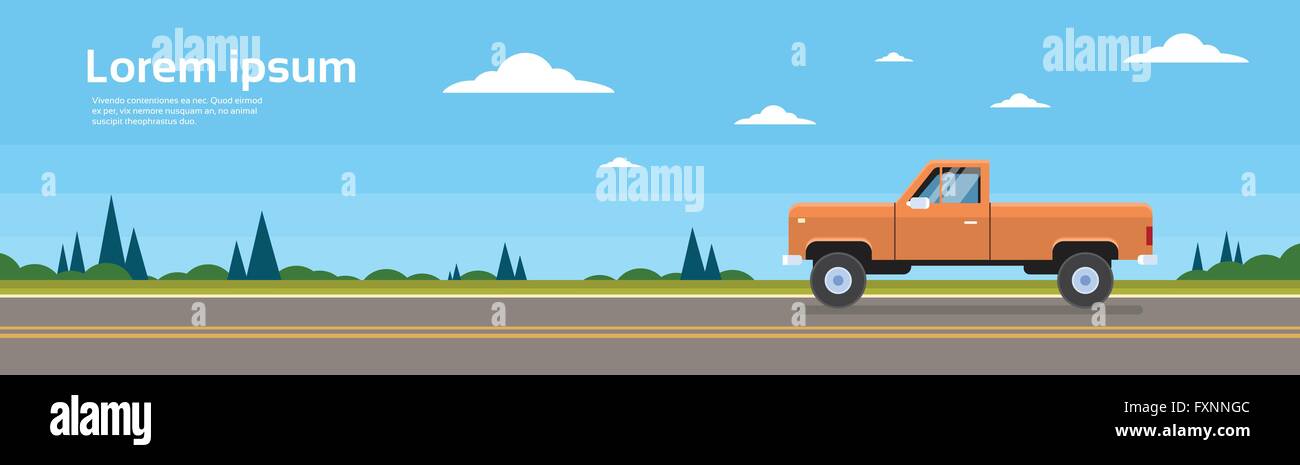 Pickup Car Truck On Road Banner With Copy Space Stock Vector Image ...