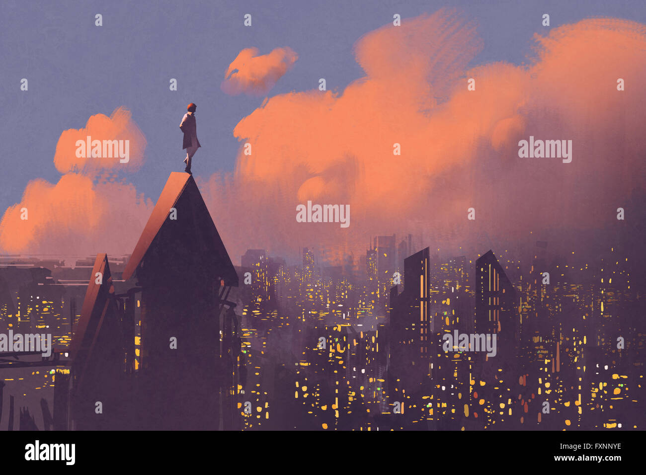 man watching over the city,illustration painting Stock Photo - Alamy