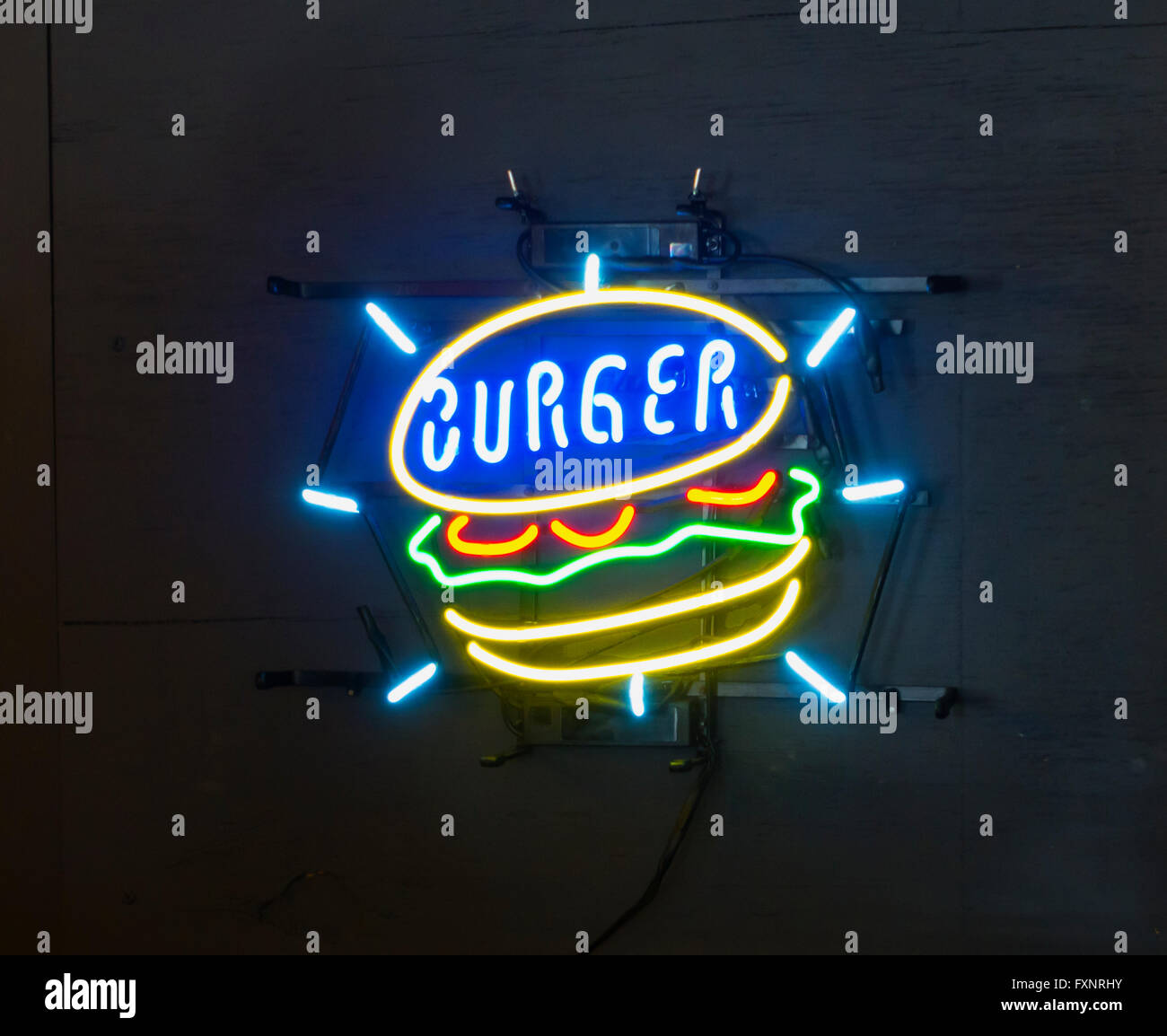 Neon burger sign inside Trademark Burger on Thompson Street in Soho in ...