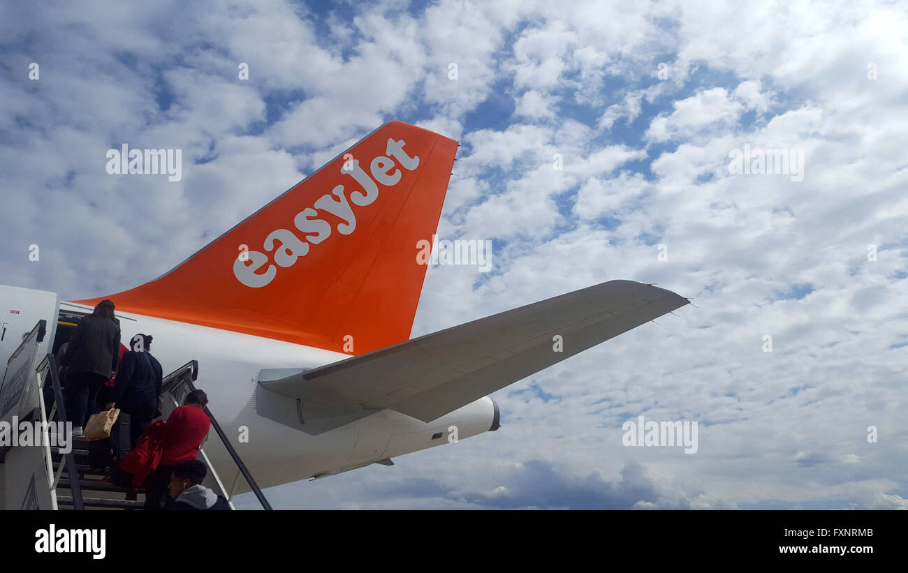 The tail of an Easyjet plane as passengers board at London Gatwick ...