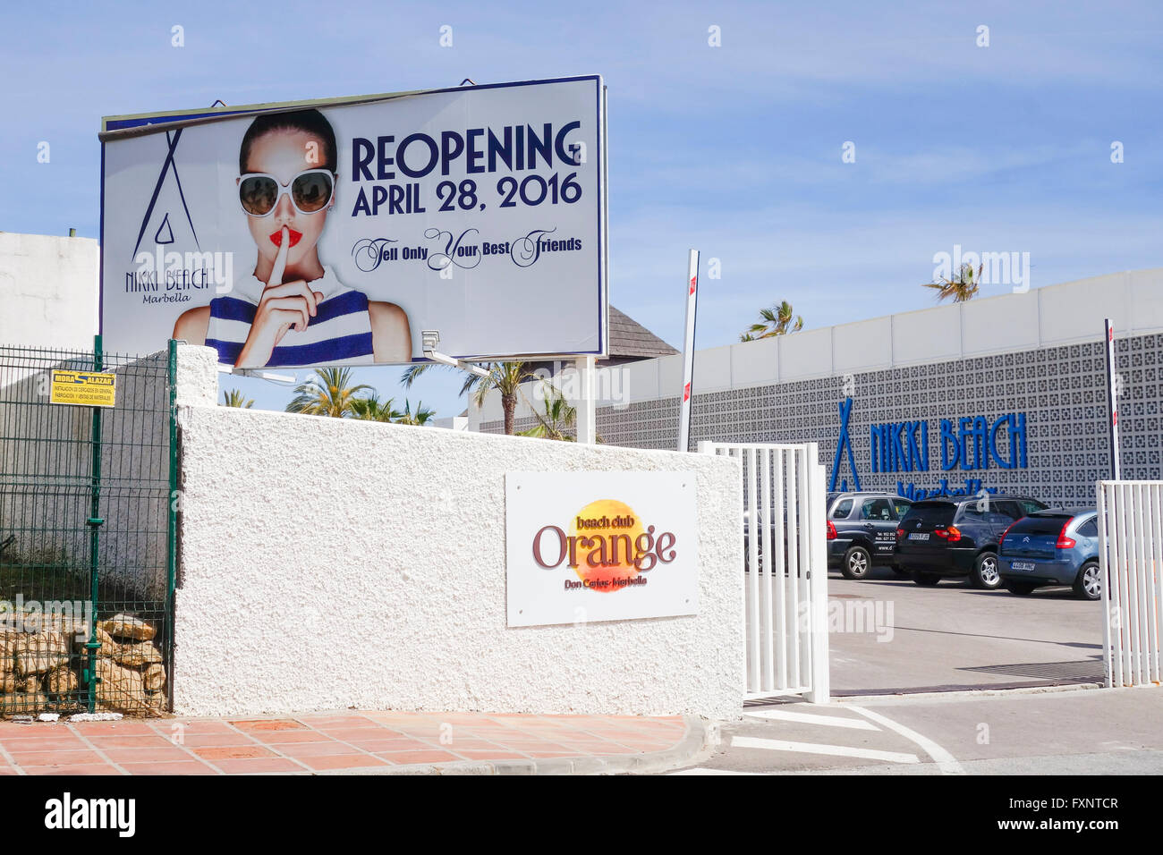Sign Orange beach club Don Carlos Hotel, and advert reopening Nikki ...