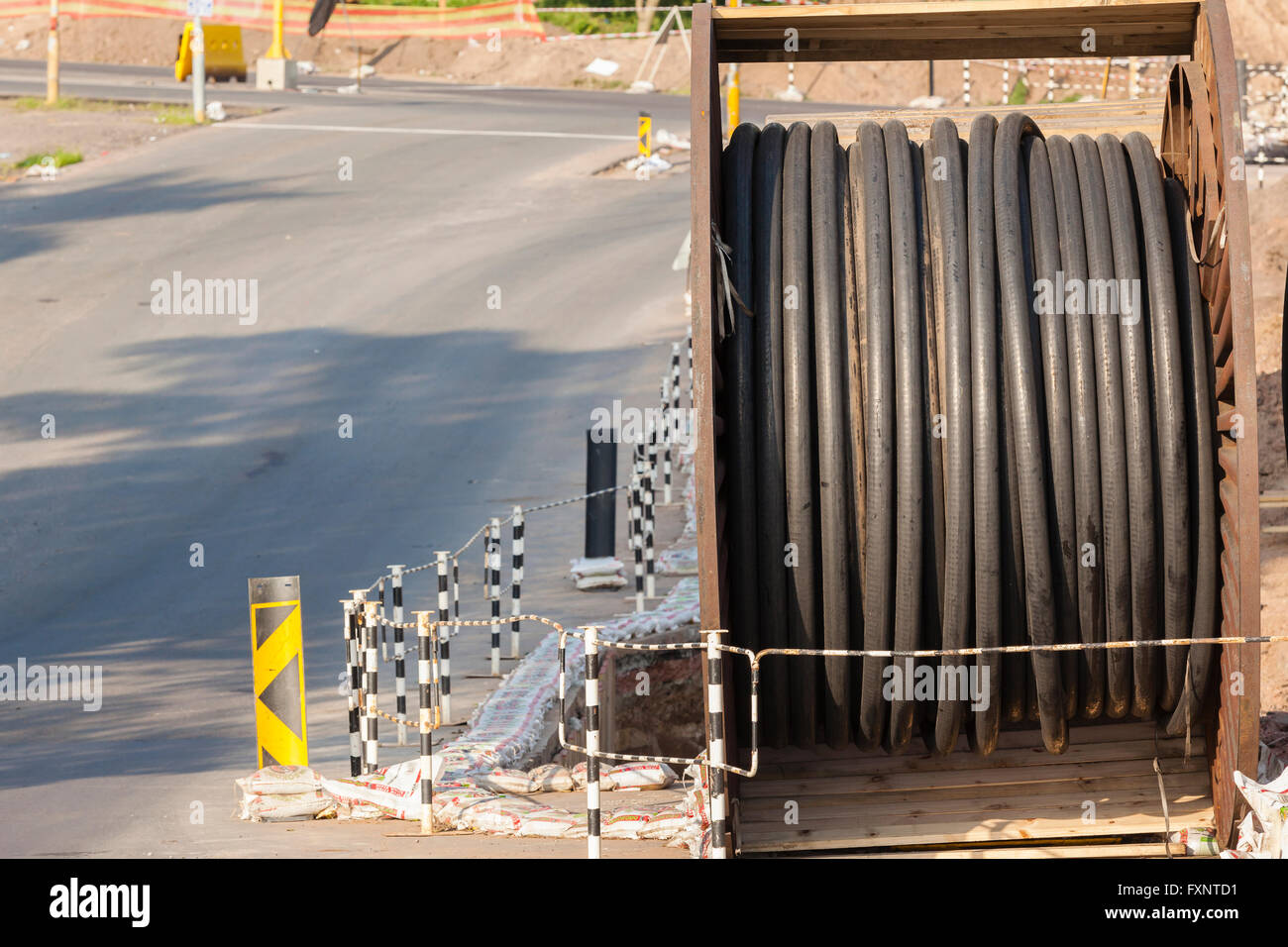 New large drum of electrical power cable underground installation on ...