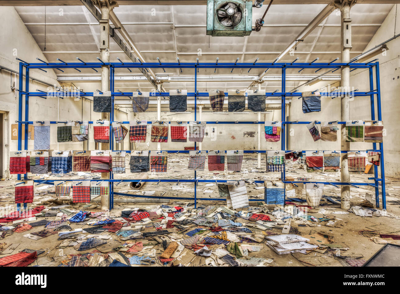 Fabric swatches on display in an abandoned textile factory Stock Photo ...