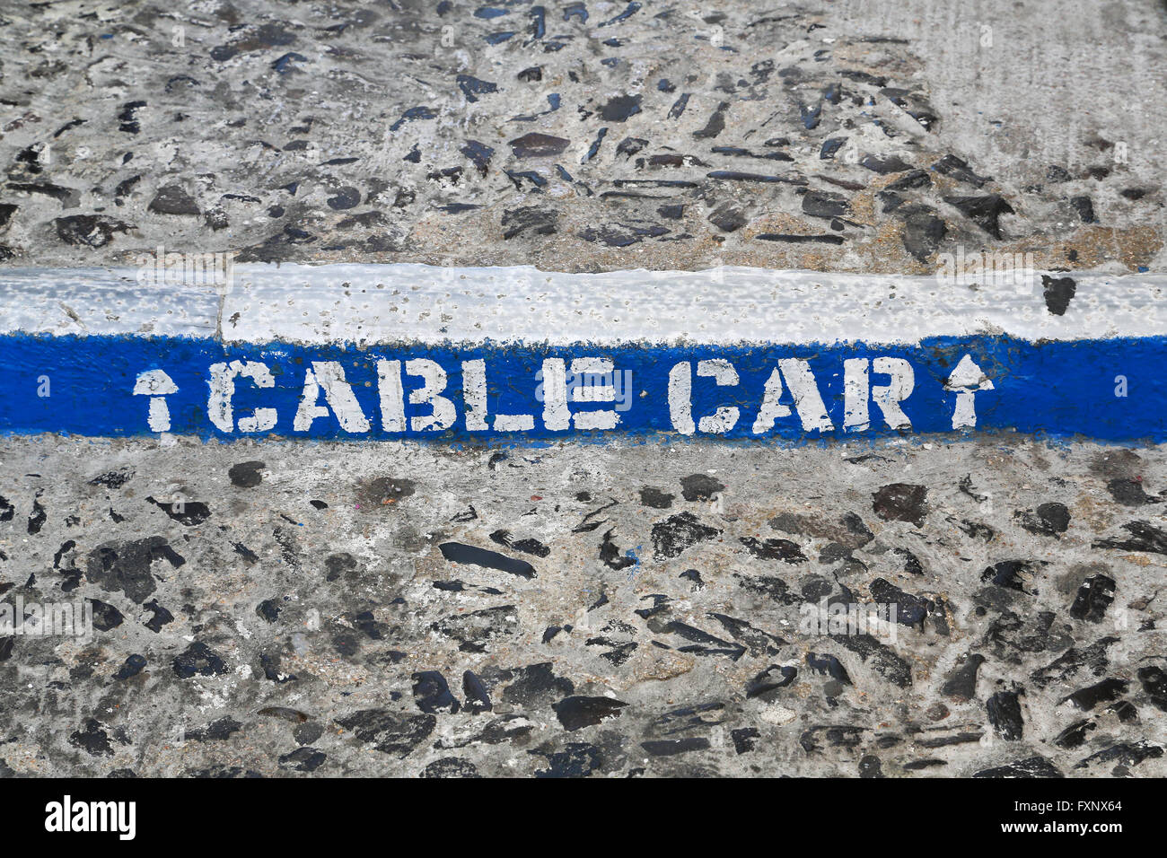 Cable Car sign on the street in the capital Fira of Santorini, Greece ...