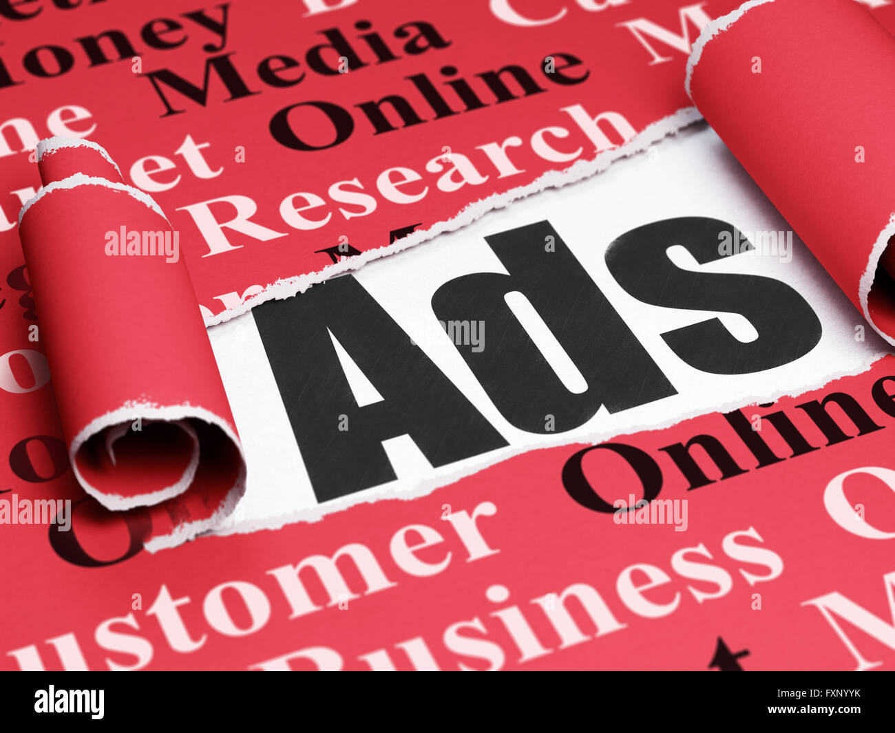 Advertising concept: black text Ads under the piece of torn paper Stock ...