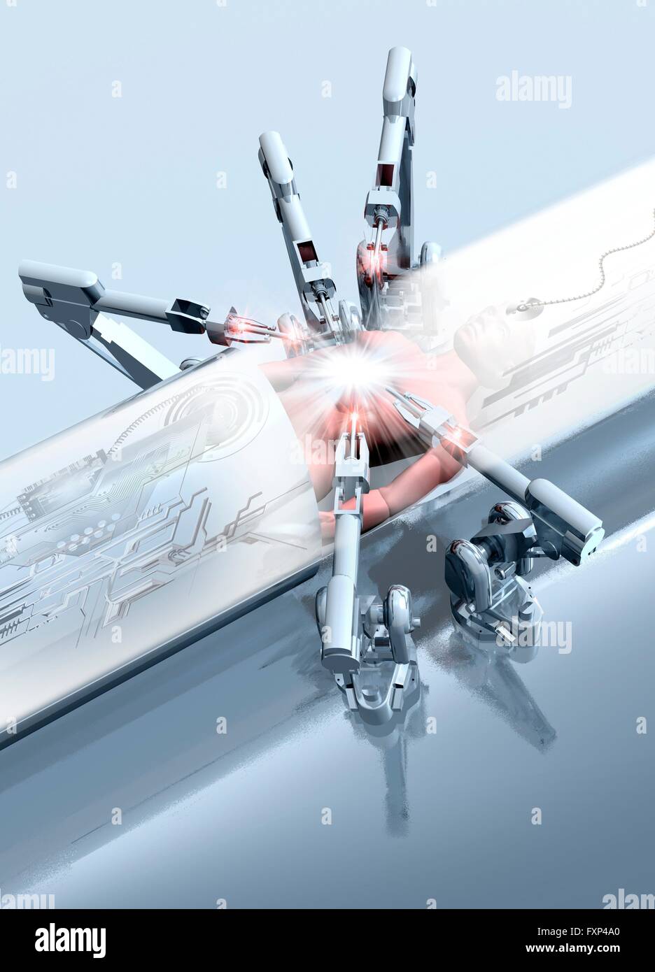 Robotic arms operating on a patient, computer illustration Stock Photo ...