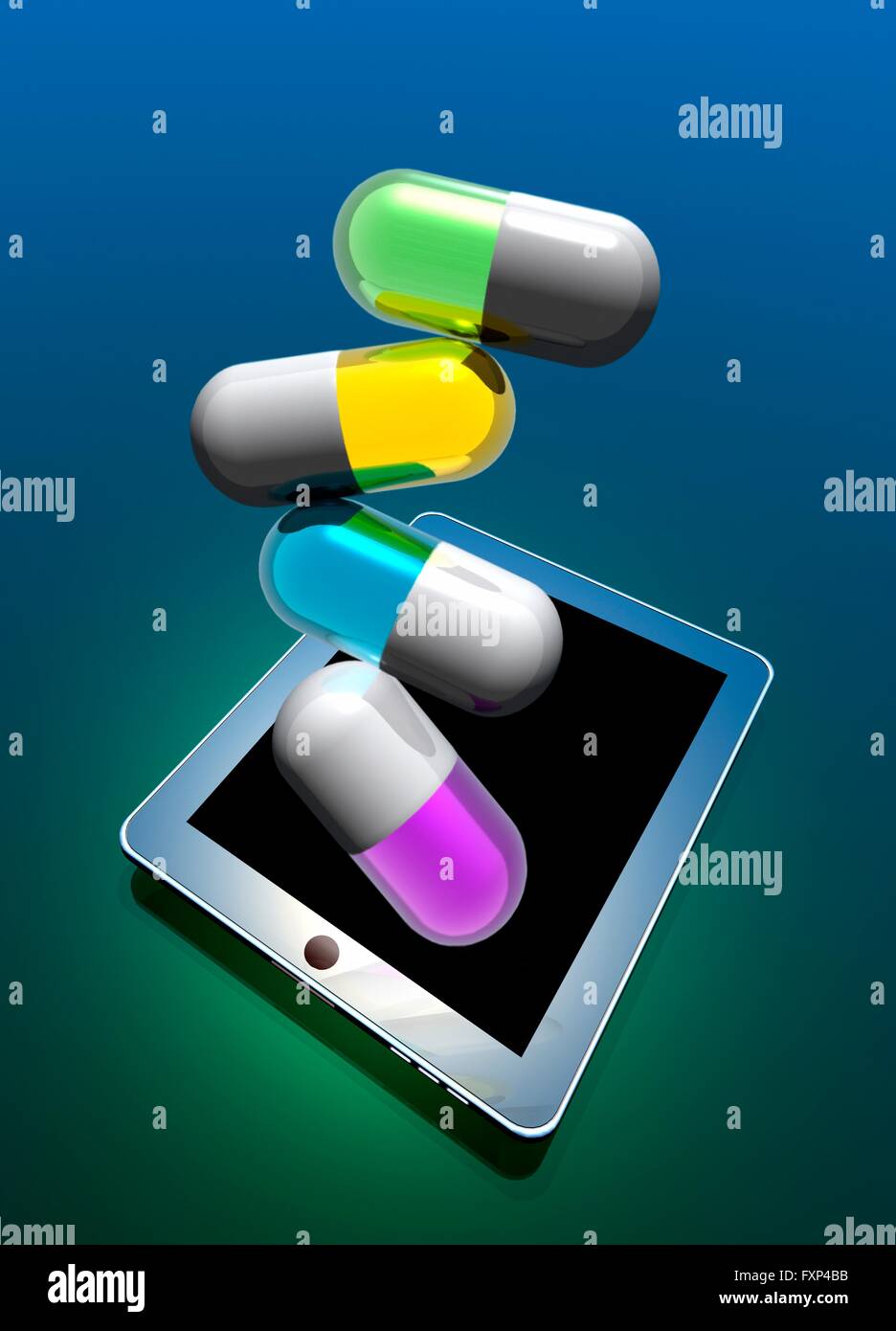 Capsules and digital tablet, computer illustration Stock Photo - Alamy