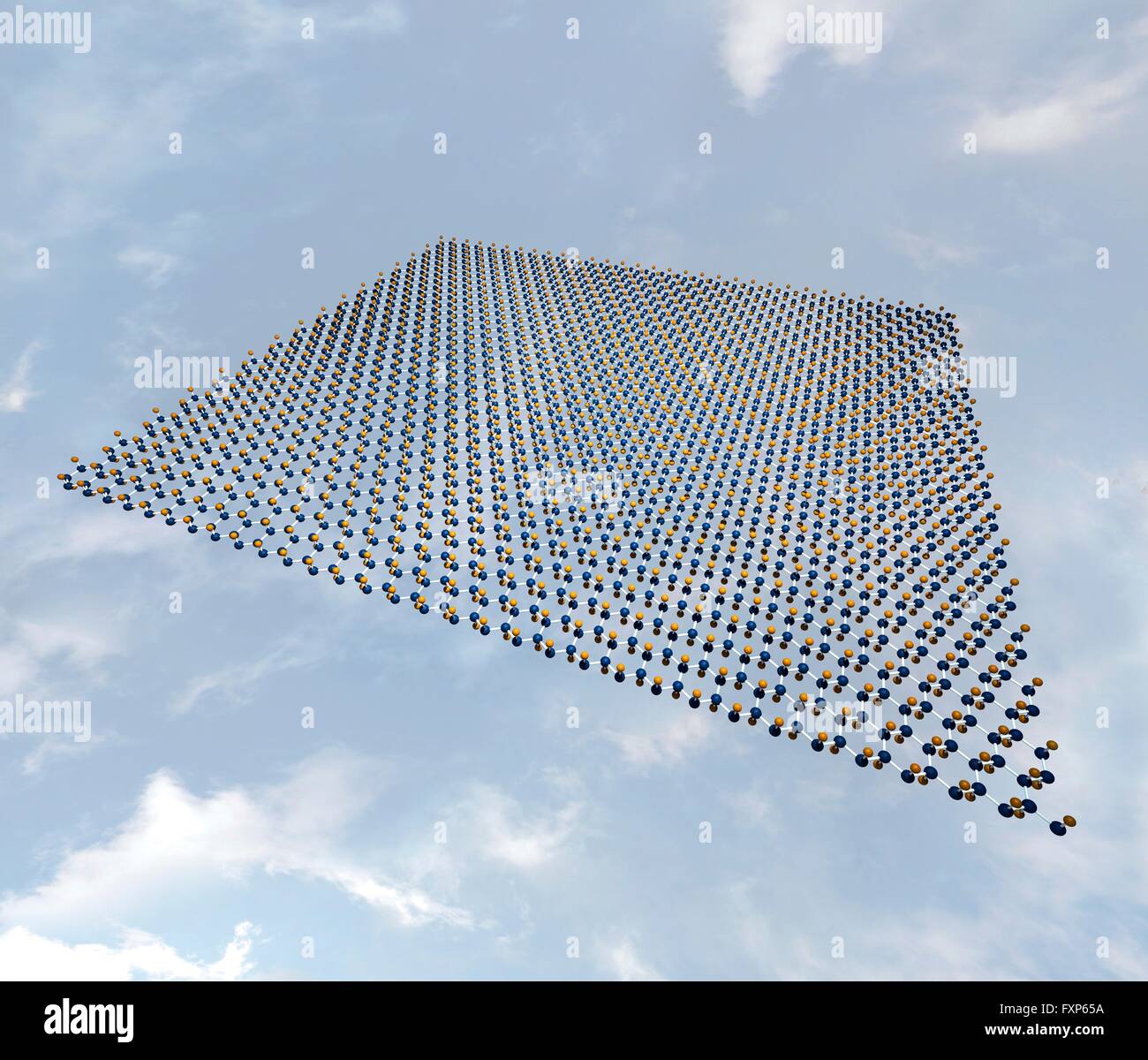 Molecular model of a sheet of stanene with added fluorine (orange ...