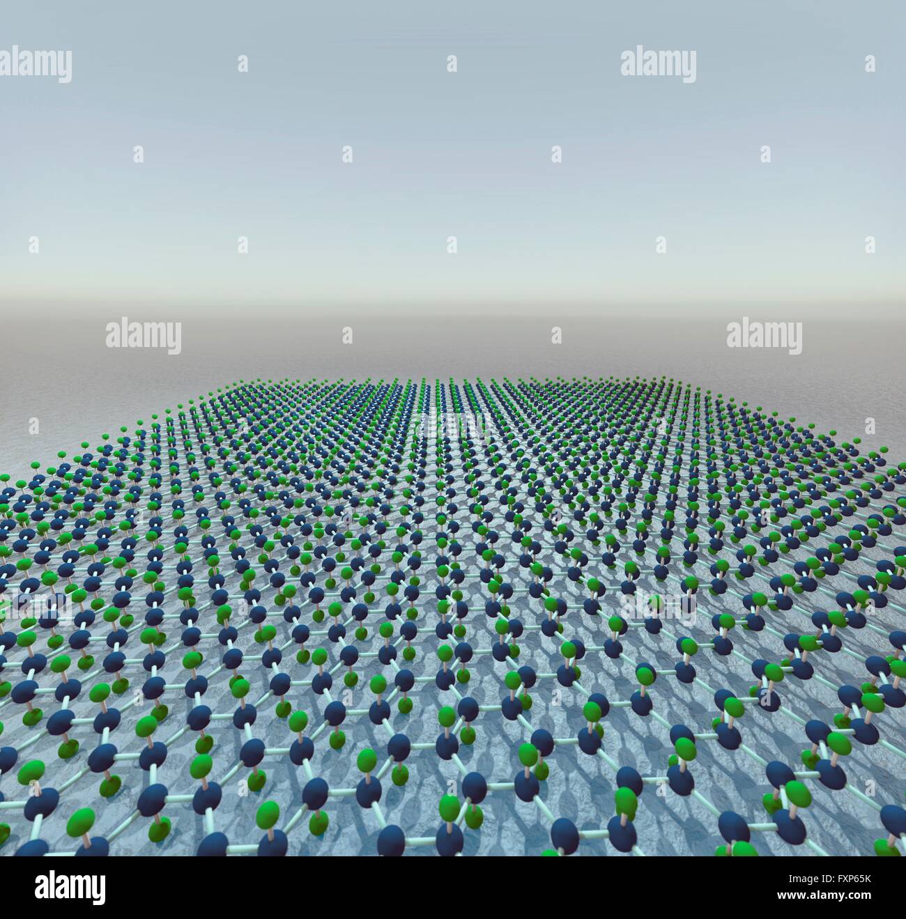 Molecular model of a sheet of stanene with added fluorine (green ...