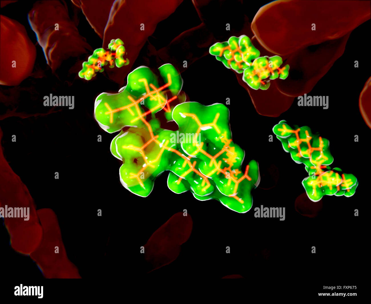 Streptomycin antibiotic and bacteria. Illustration of molecular models ...