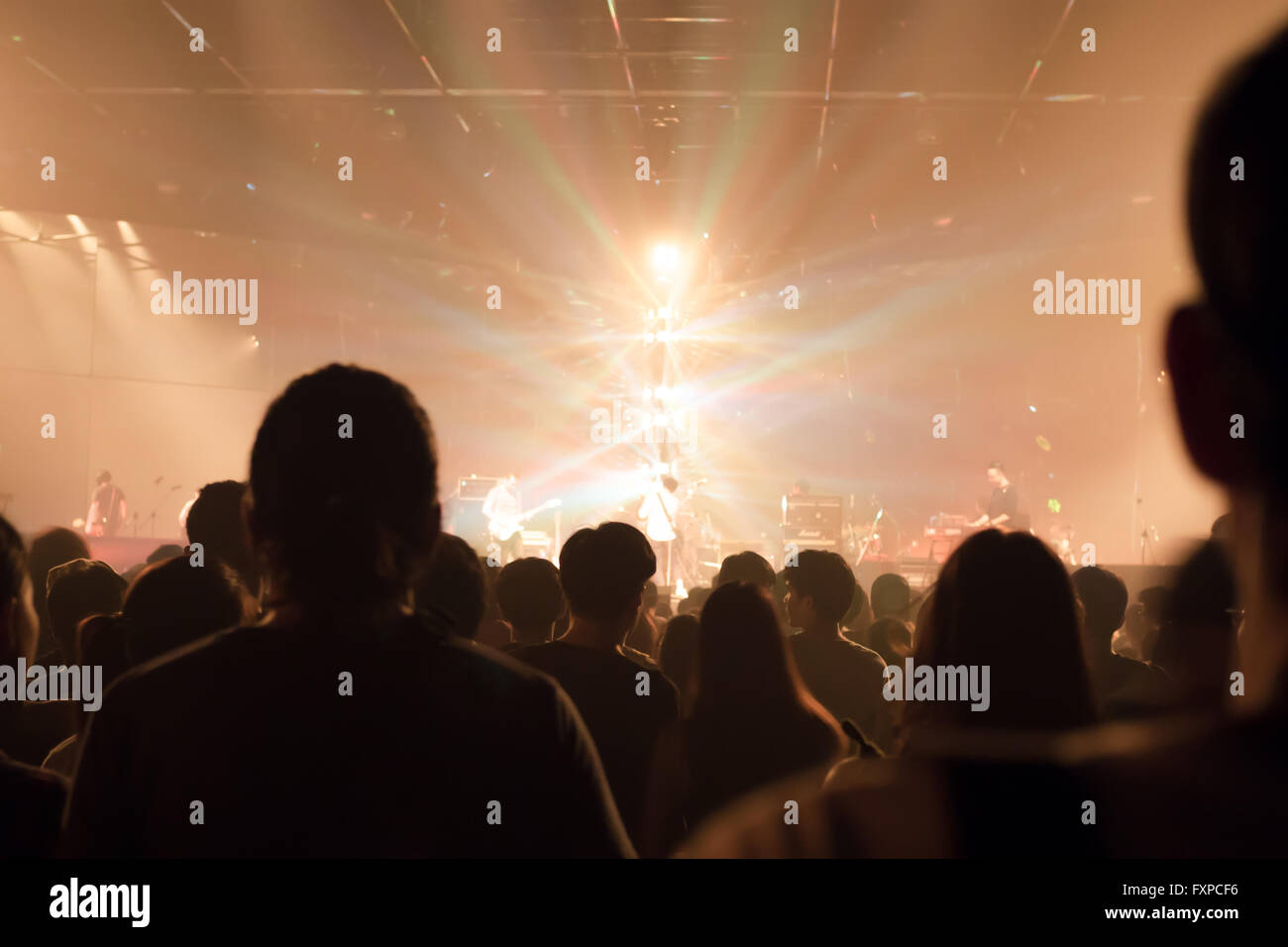Music concert crowds illuminated from stage lights (very shallow depth ...