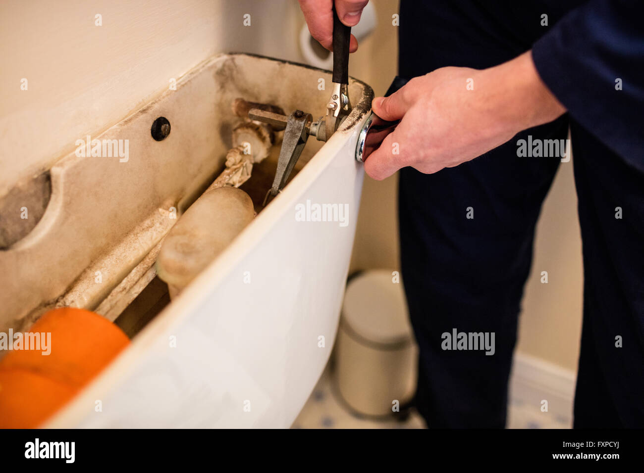 Plumber repairing a flush tank Stock Photo - Alamy