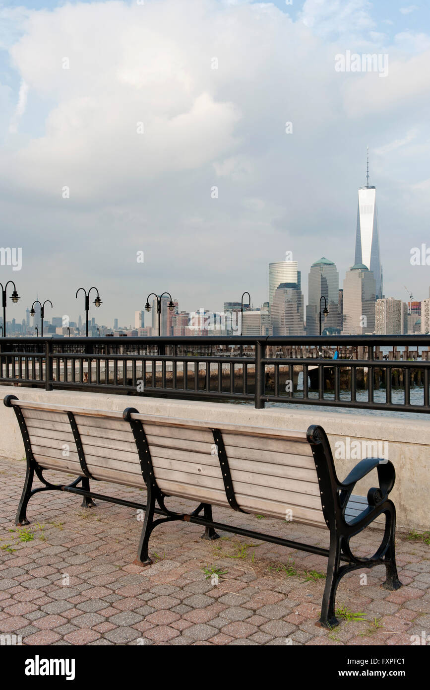 Park bench with scenic view of Lower Manhattan, New York City, New York ...