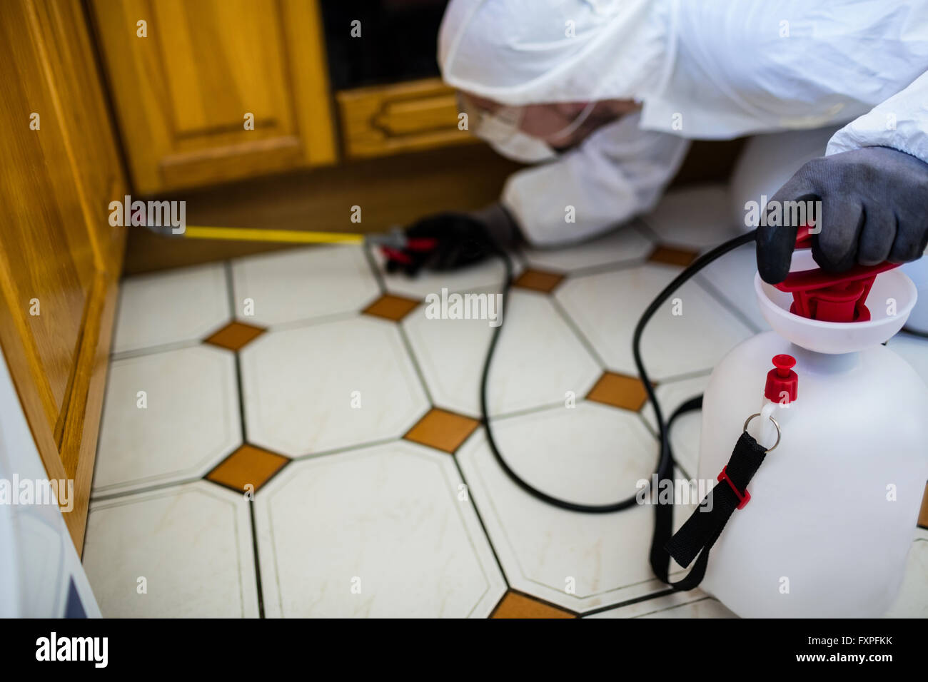 Pest control man spraying pesticide Stock Photo - Alamy