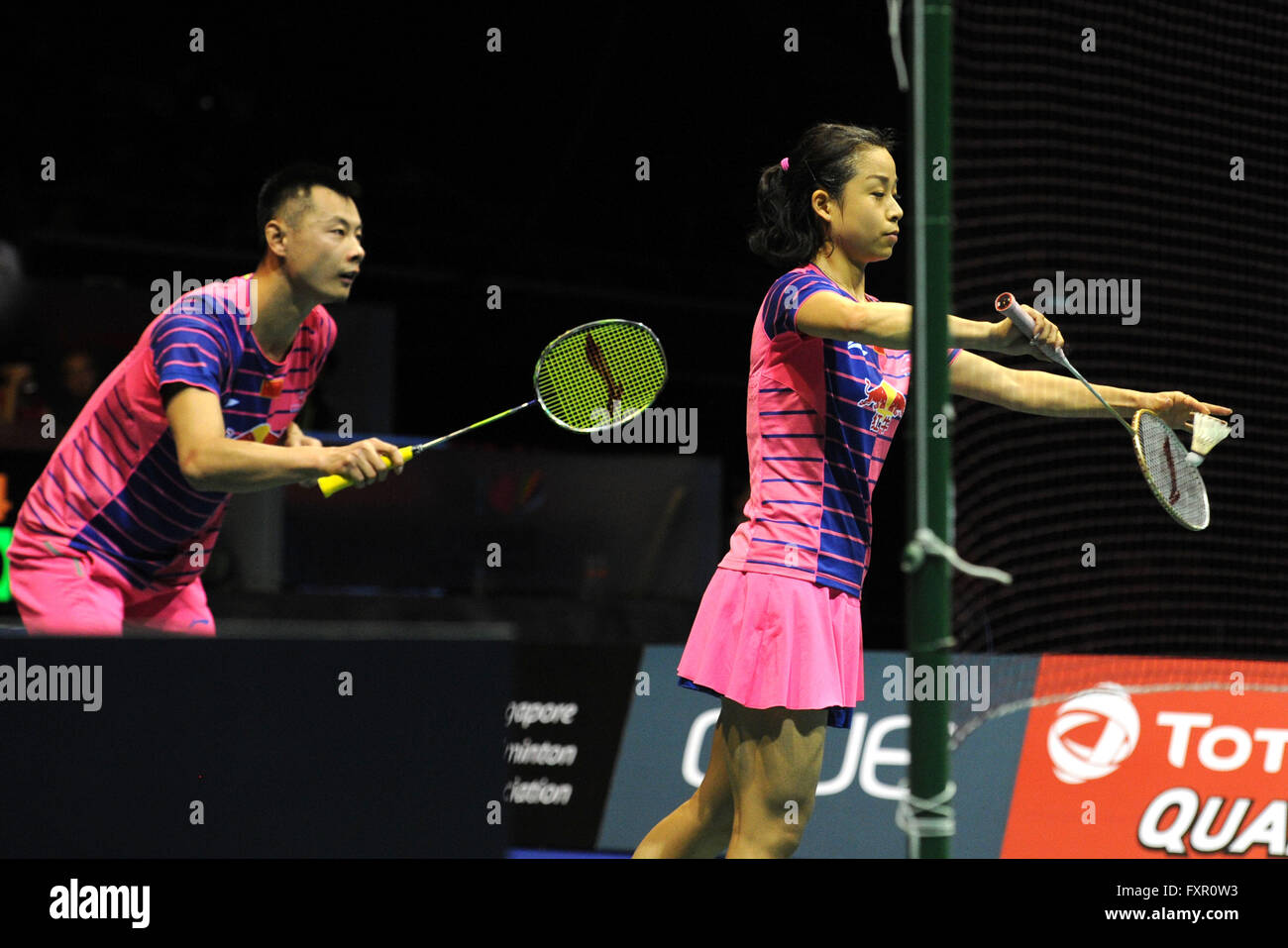 Singapore. 17th Apr, 2016. Xu Chen/Ma Jin (R) of China compete during ...