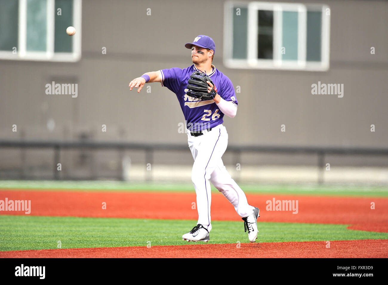 Washington infielder Levi Jordan (26) makes a throw to 1st base during ...