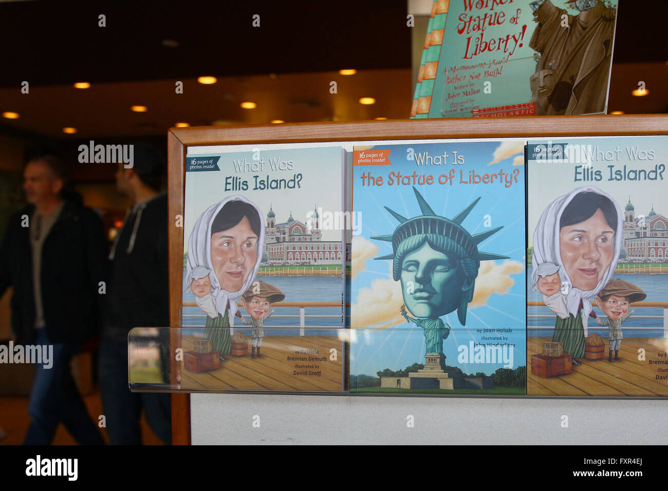 New York, USA. 11th Apr, 2016. Books about the Statue of Liberty seen ...