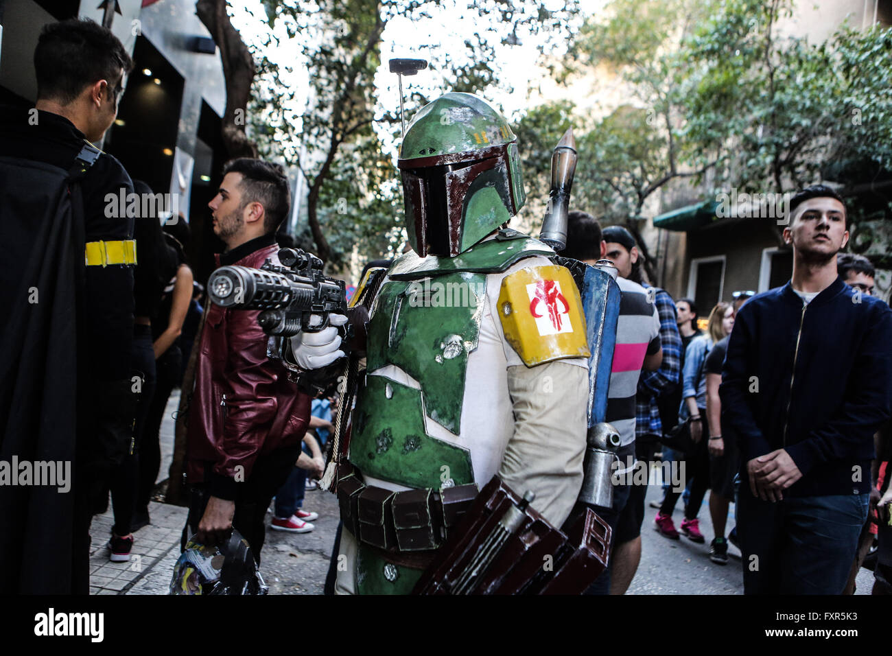 Athens, Greece. 16th Apr, 2015. A fan cosplays a comic character during ...