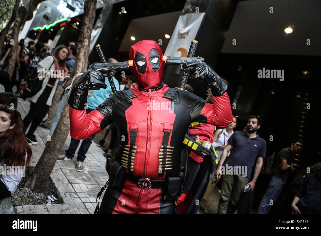 Athens, Greece. 16th Apr, 2015. A fan cosplays a comic character during ...