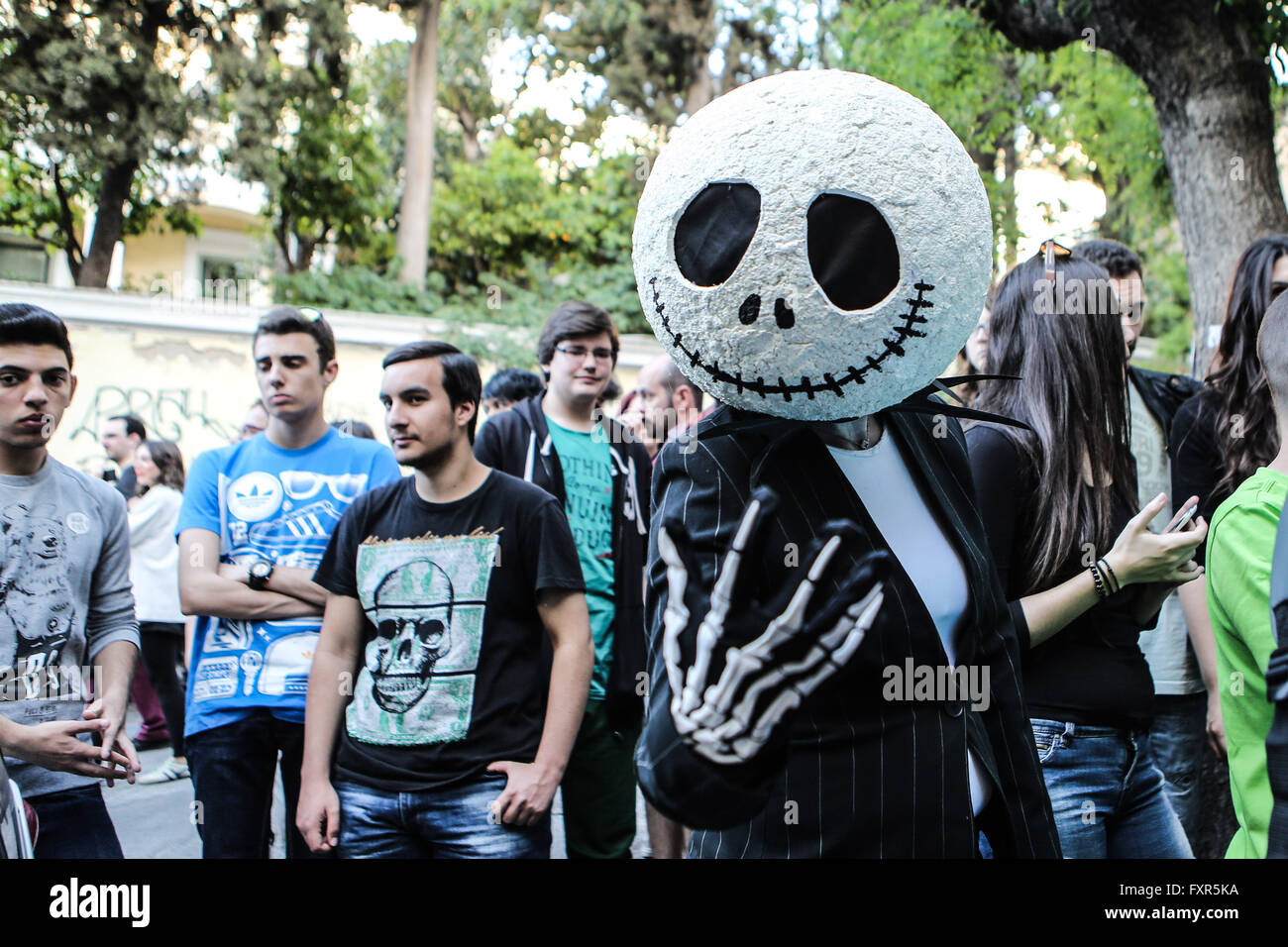 Athens, Greece. 16th Apr, 2015. A fan cosplays a comic character during ...