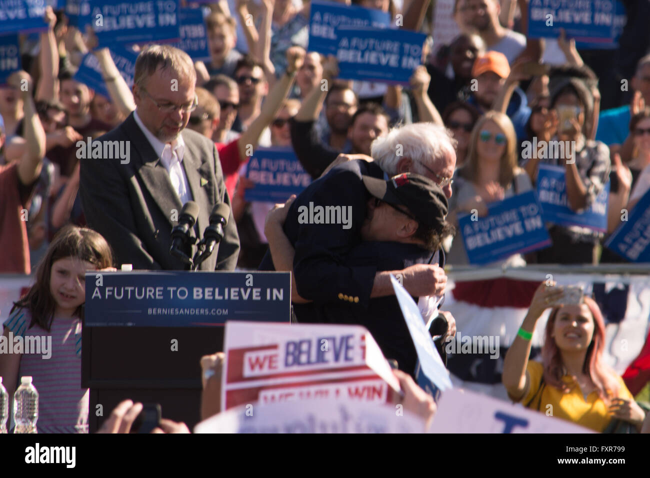 Brooklyn, USA. 17th April 2016. Bernie Sanders embraces actor Danny ...