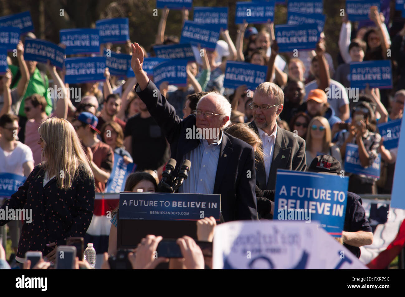 Brooklyn, USA. 17th April 2016. Bernie Sanders salutes the crowd as he ...