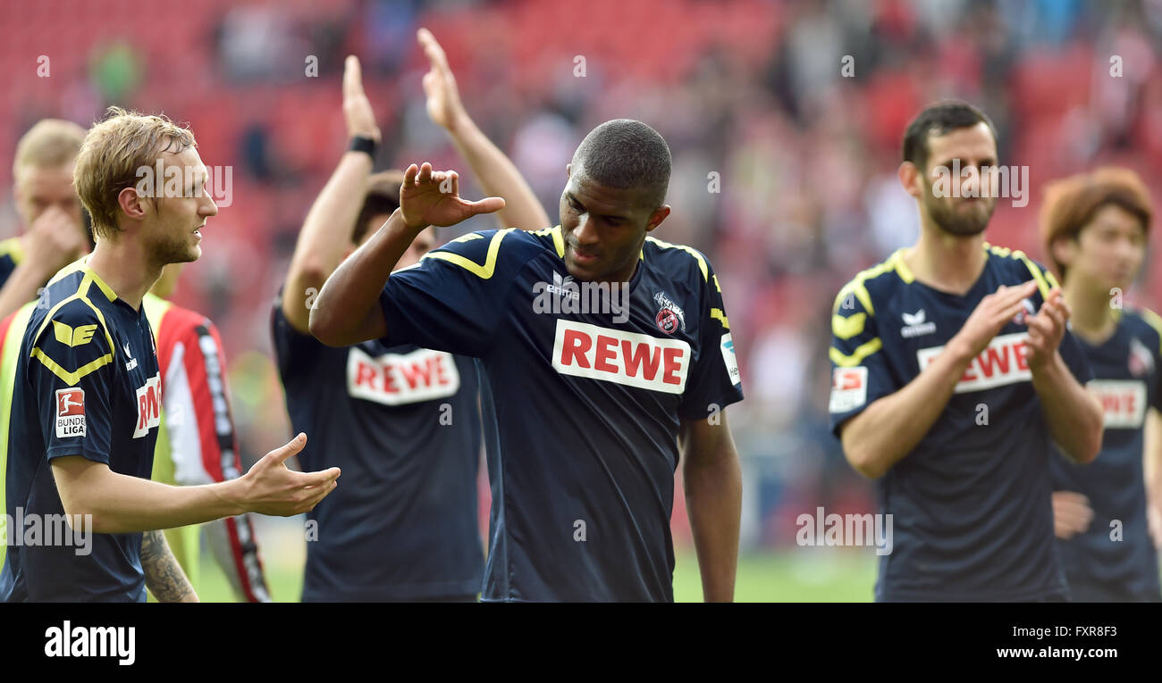 Cologne's Marcel Risse (L) and Anthony Modeste (C) celebrate their team ...