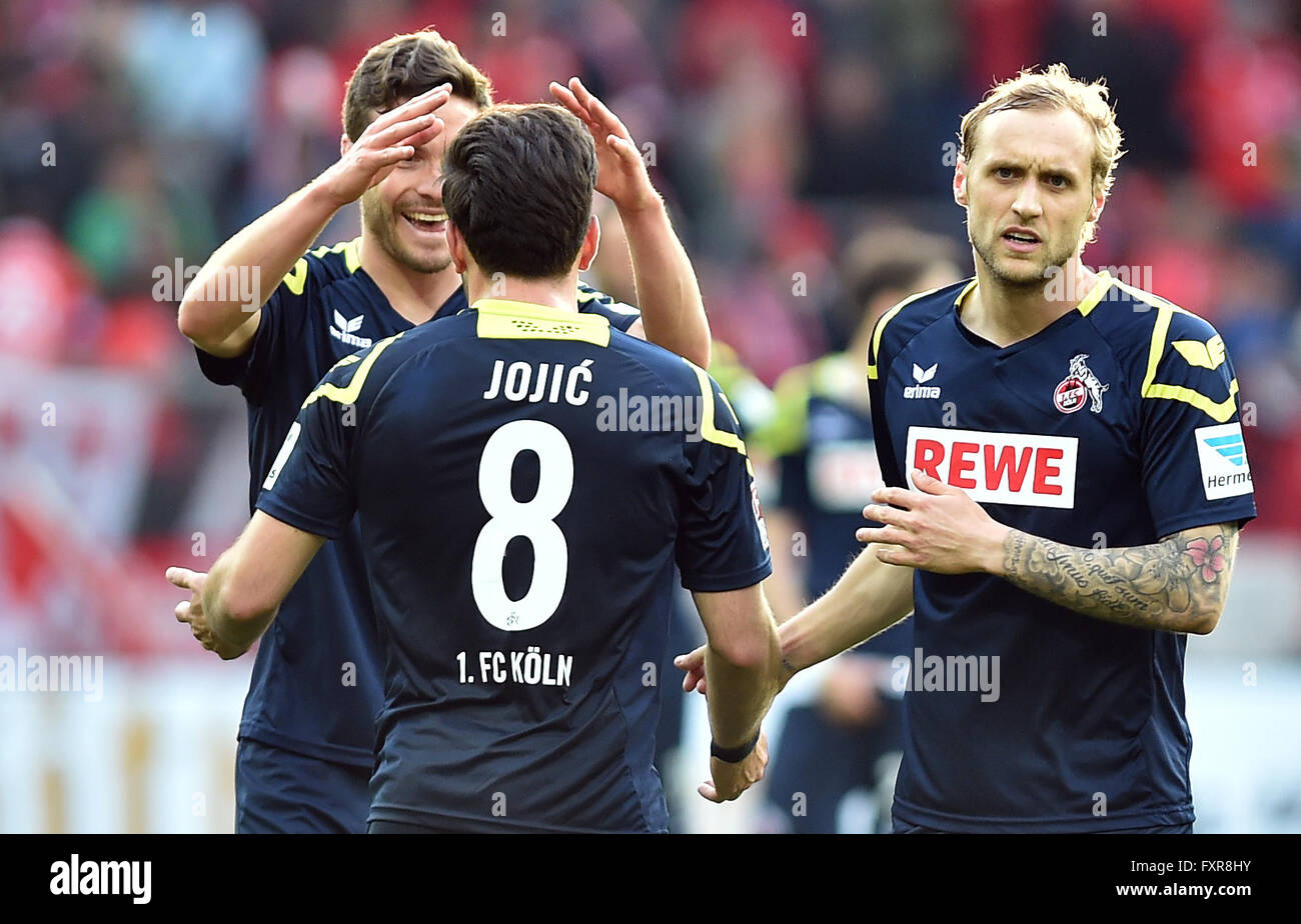 Mainz, Germany. 17th Apr, 2016. Cologne's Jonas Hector, Milos Jojic and ...