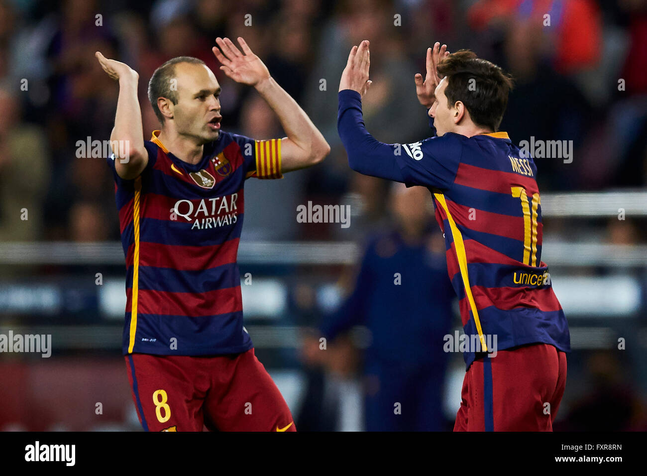 Lionel Messi (FC Barcelona)celebrates after scoring his goal number 500 ...