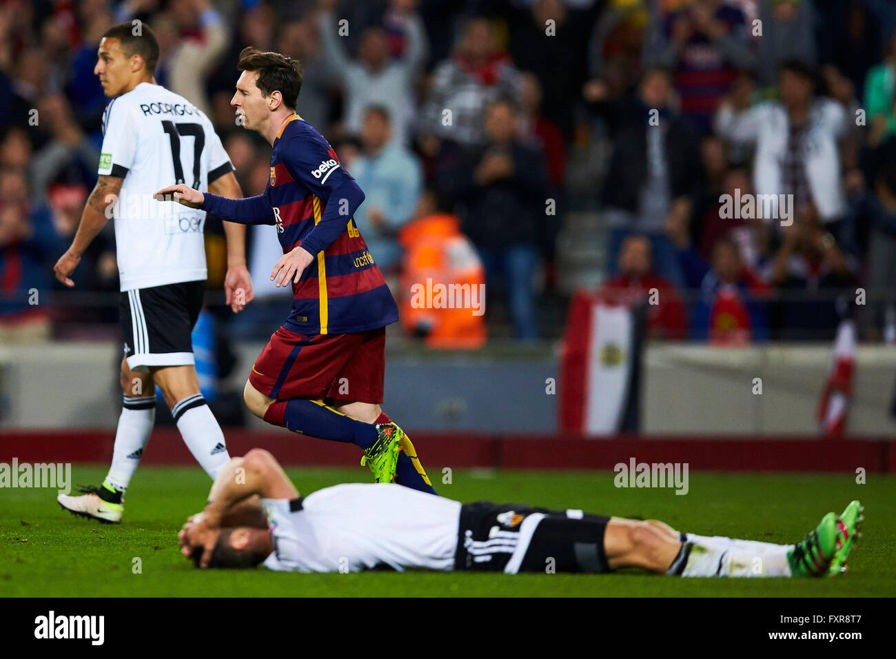Lionel Messi (FC Barcelona)celebrates after scoring his goal number 500 ...