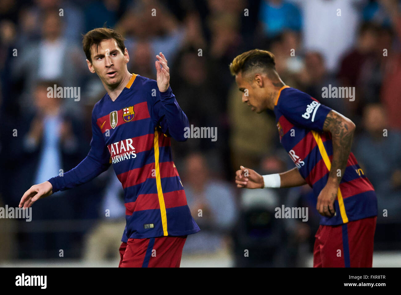 Lionel Messi (FC Barcelona)celebrates after scoring his goal number 500 ...
