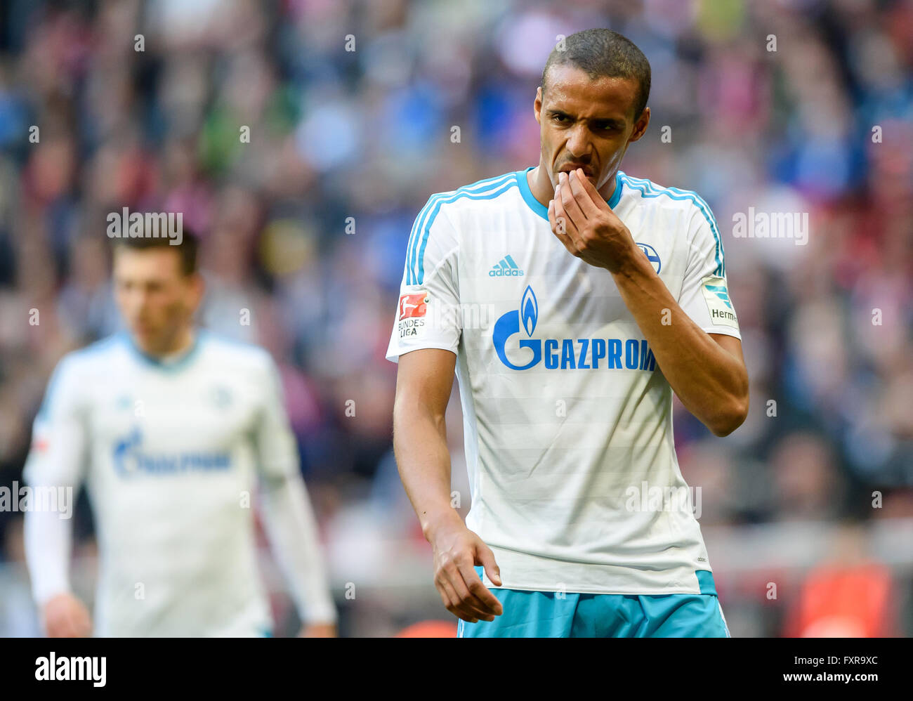 Munich, Germany. 16th Apr, 2016. Schalke's Joel Matip reacts during the ...