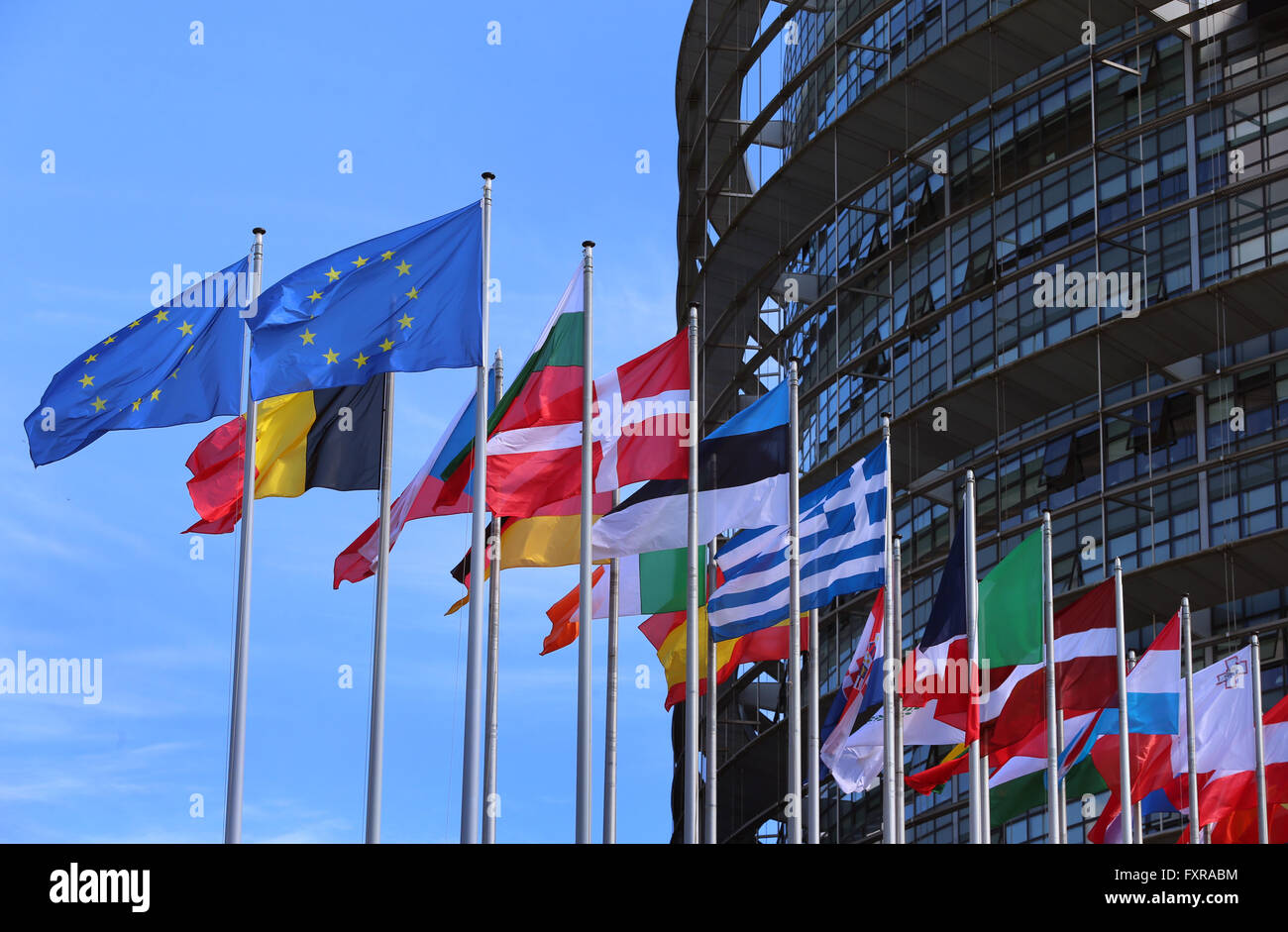 Strasbourg, France. 12th Apr, 2016. The national flags of the European ...