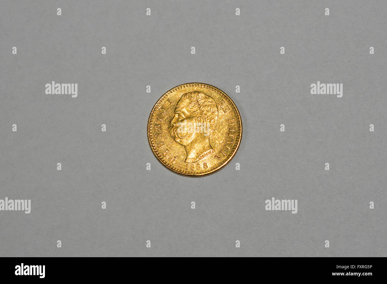 Italian 20 lire gold coin, minted in 1888. Obverse side featuring the ...