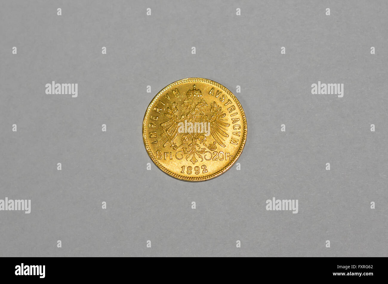 Austrian 20 francs/8 guilders gold coin, minted 1892. Reverse side with ...