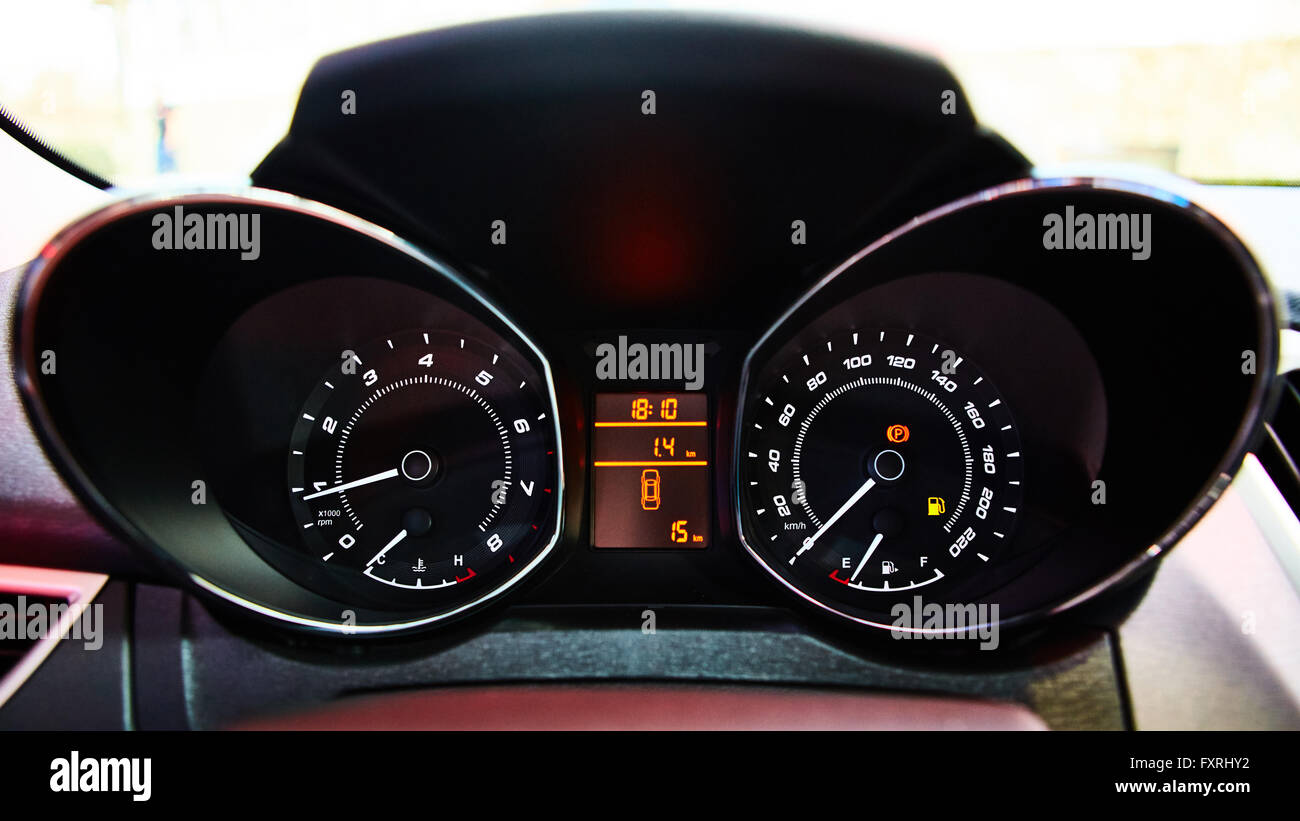 Car Dashboard. Close up image of illuminated car dashboard Stock Photo ...