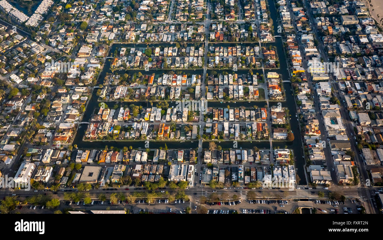 Aerial view, canals in Venice, Linnie Canal Park, canal houses, Marina ...
