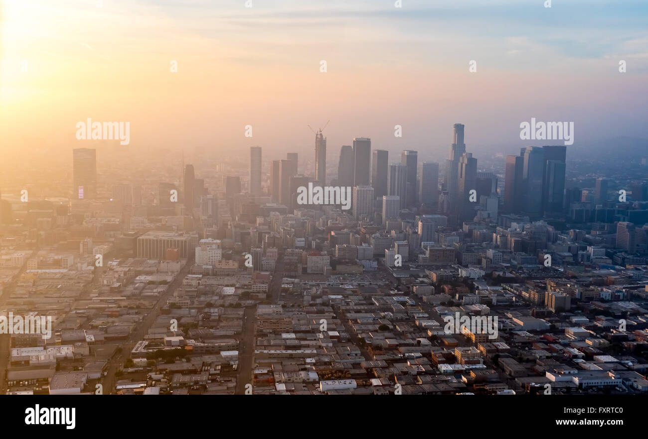 Aerial view, skyscrapers of downtown Los Angeles in the haze, smog, Los ...