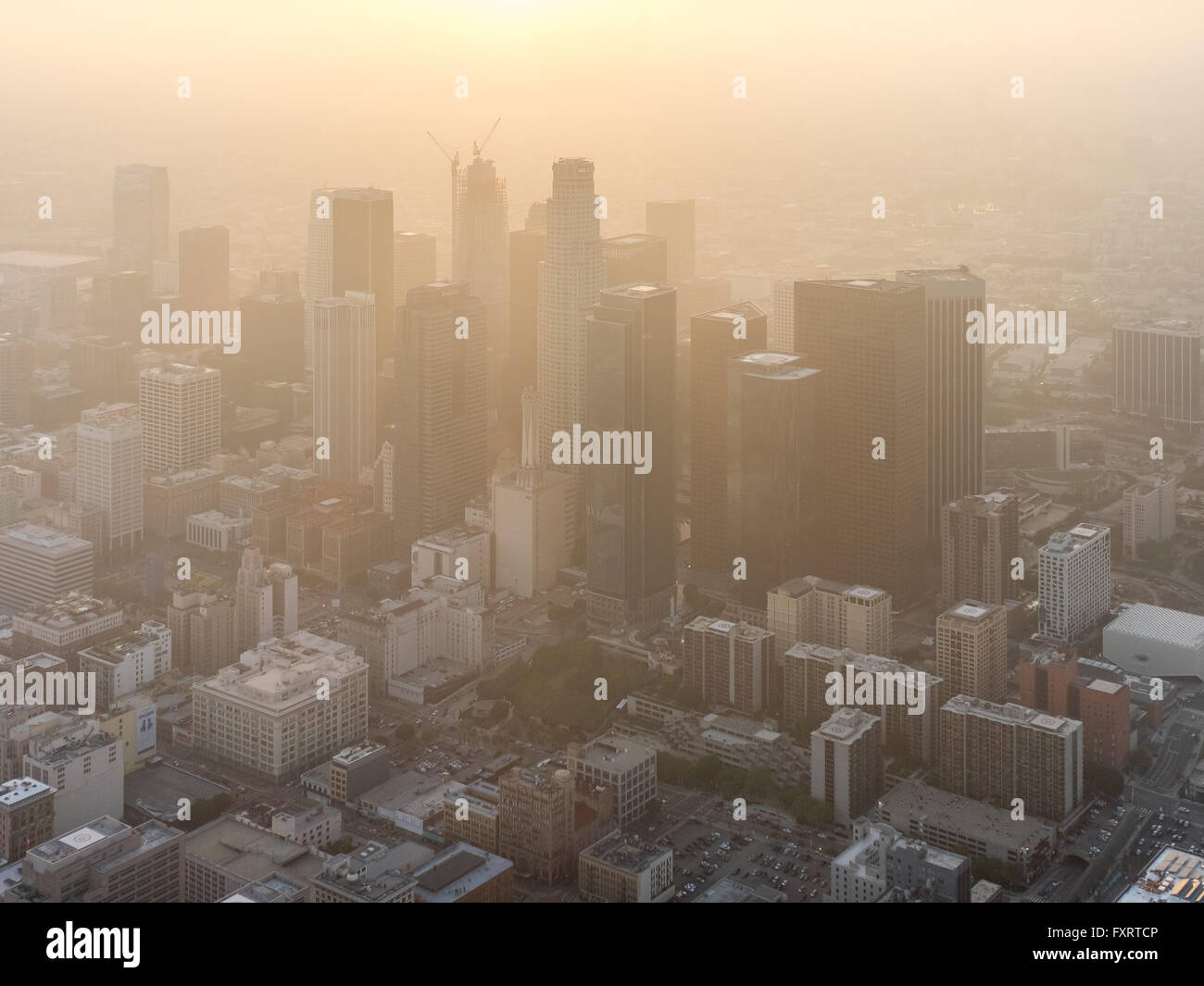 Aerial view, skyscrapers of downtown Los Angeles in the haze, smog, Los ...