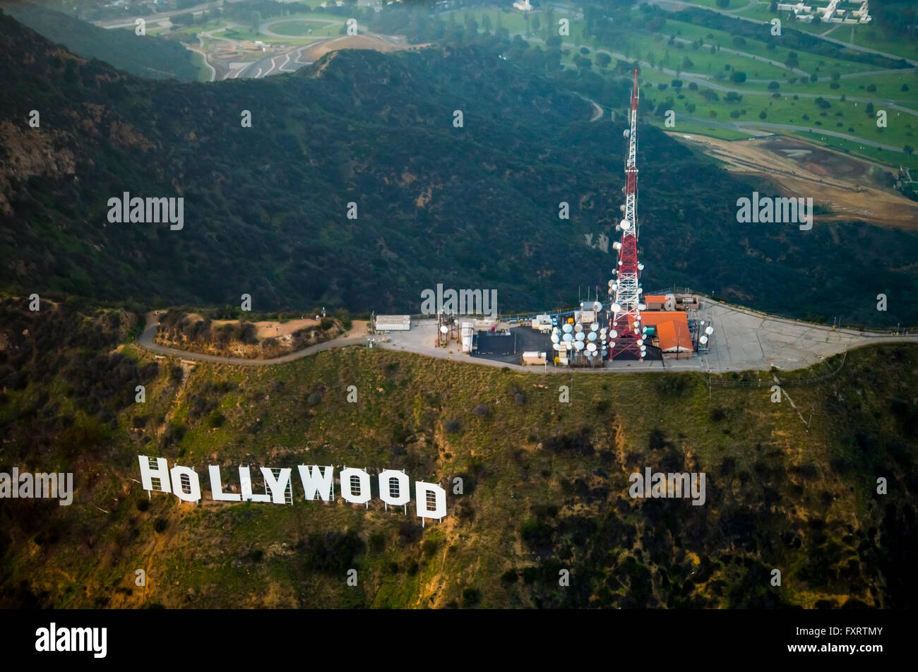 Aerial view, Hollywood Sign, Hollywood sign on Mount Lee Drive, Hollywood Hills, Los Angeles ...
