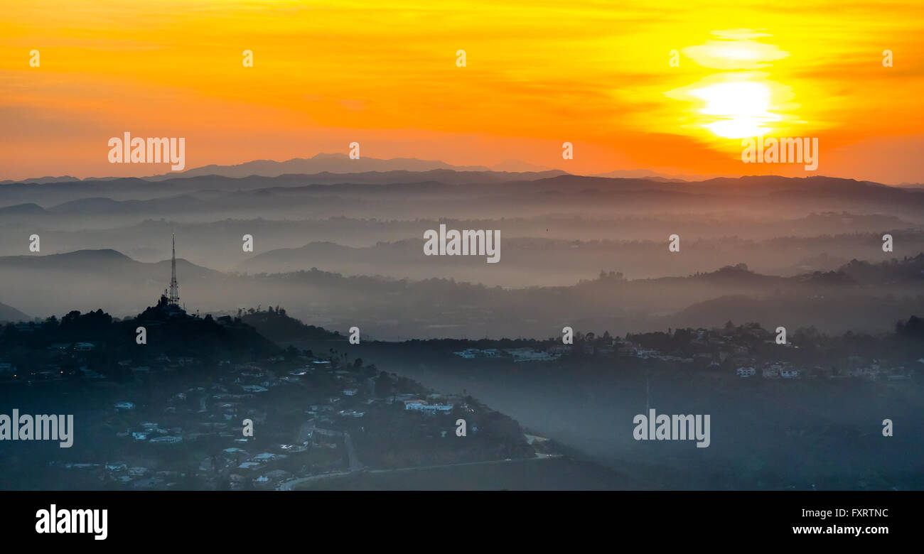 Aerial view, sunset over the Hollywood Hills, sunset, sun ball ...