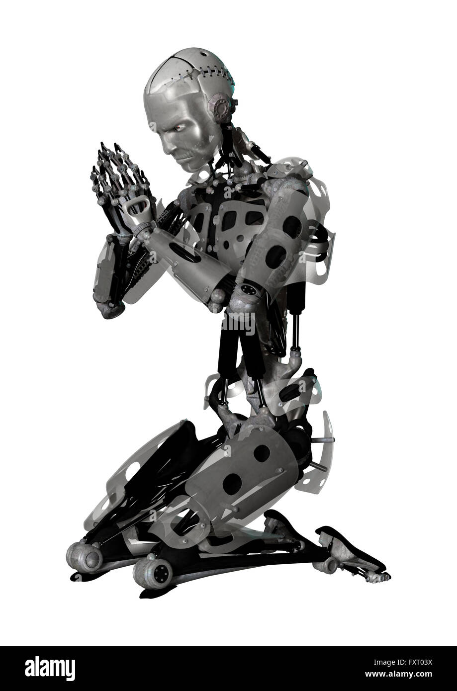 3D Illustration of a male cyborg praying isolated on white background ...