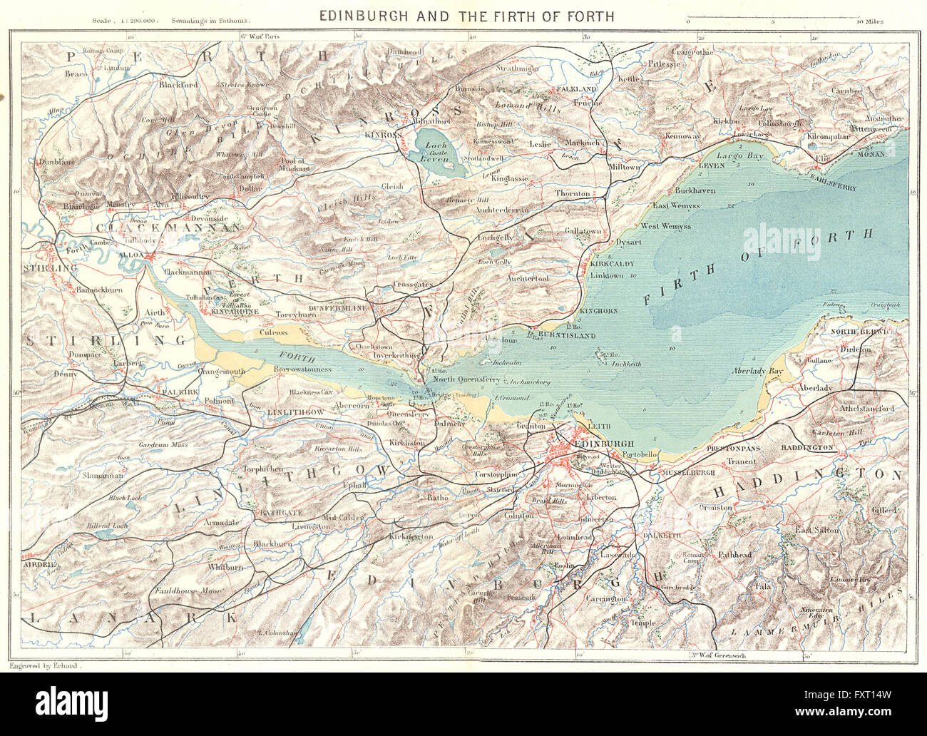 SCOTLAND: Edinburgh & Firth of Forth, c1885 antique map Stock Photo - Alamy