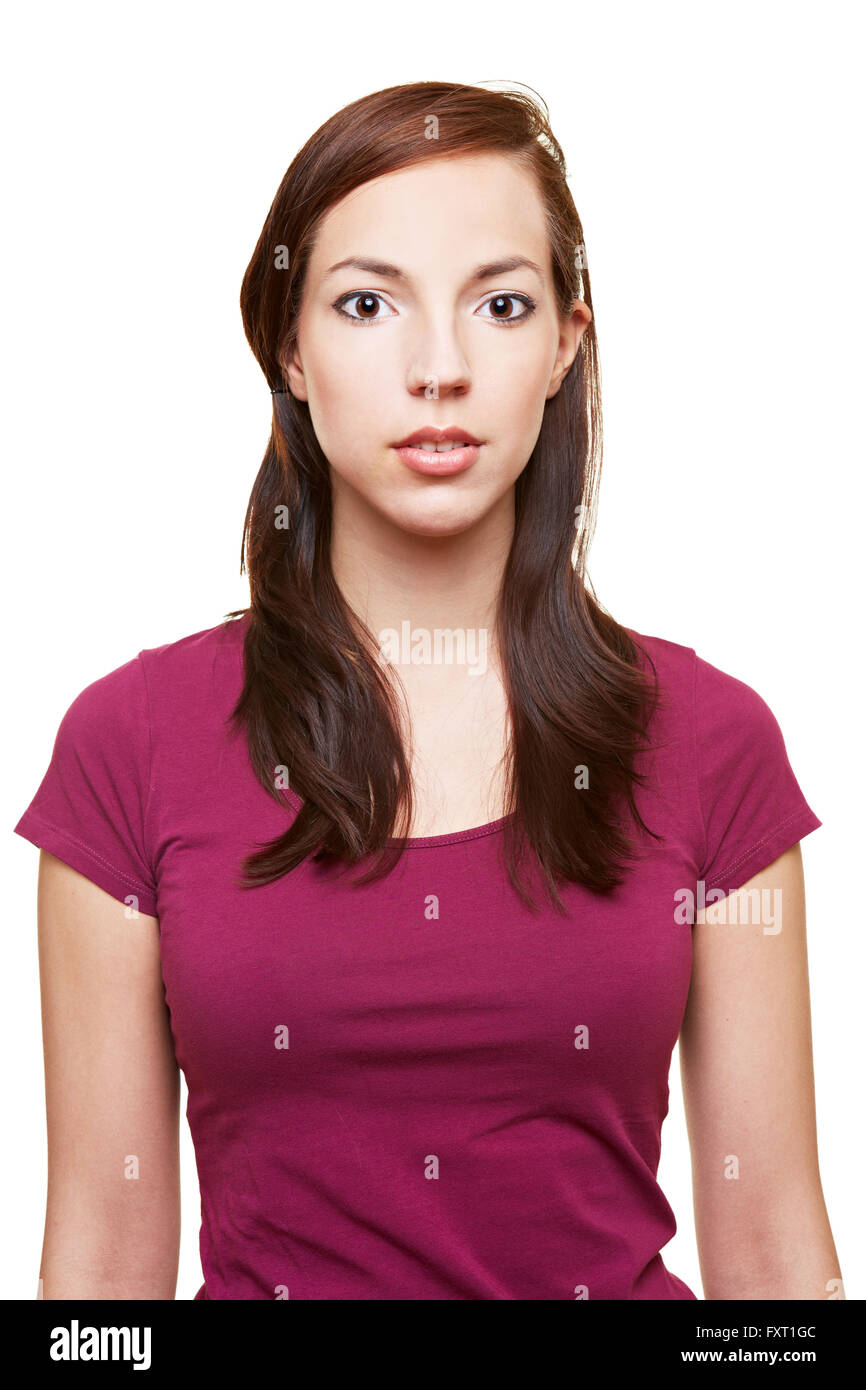 Front view of attractive young woman with blank expression Stock Photo ...